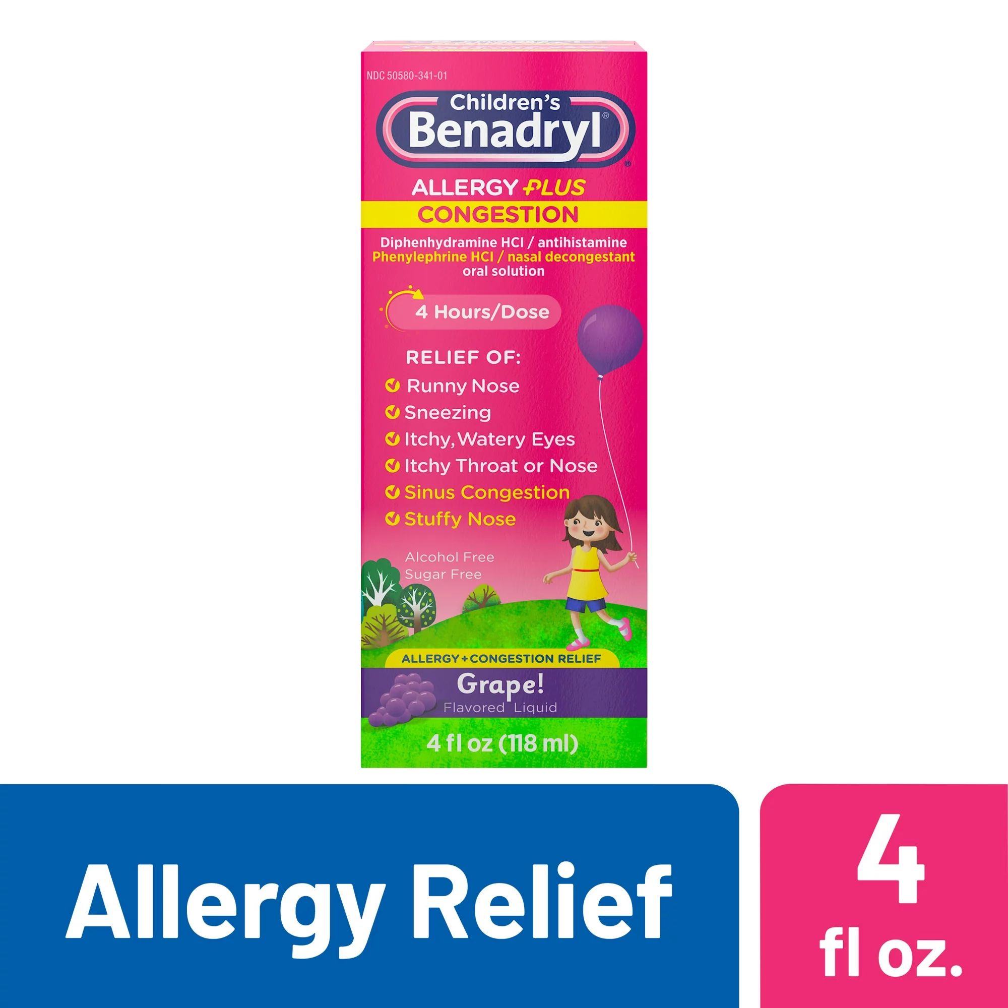 Children's Benadryl Allergy Plus Congestion Relief Liquid, Grape - 4 fl oz