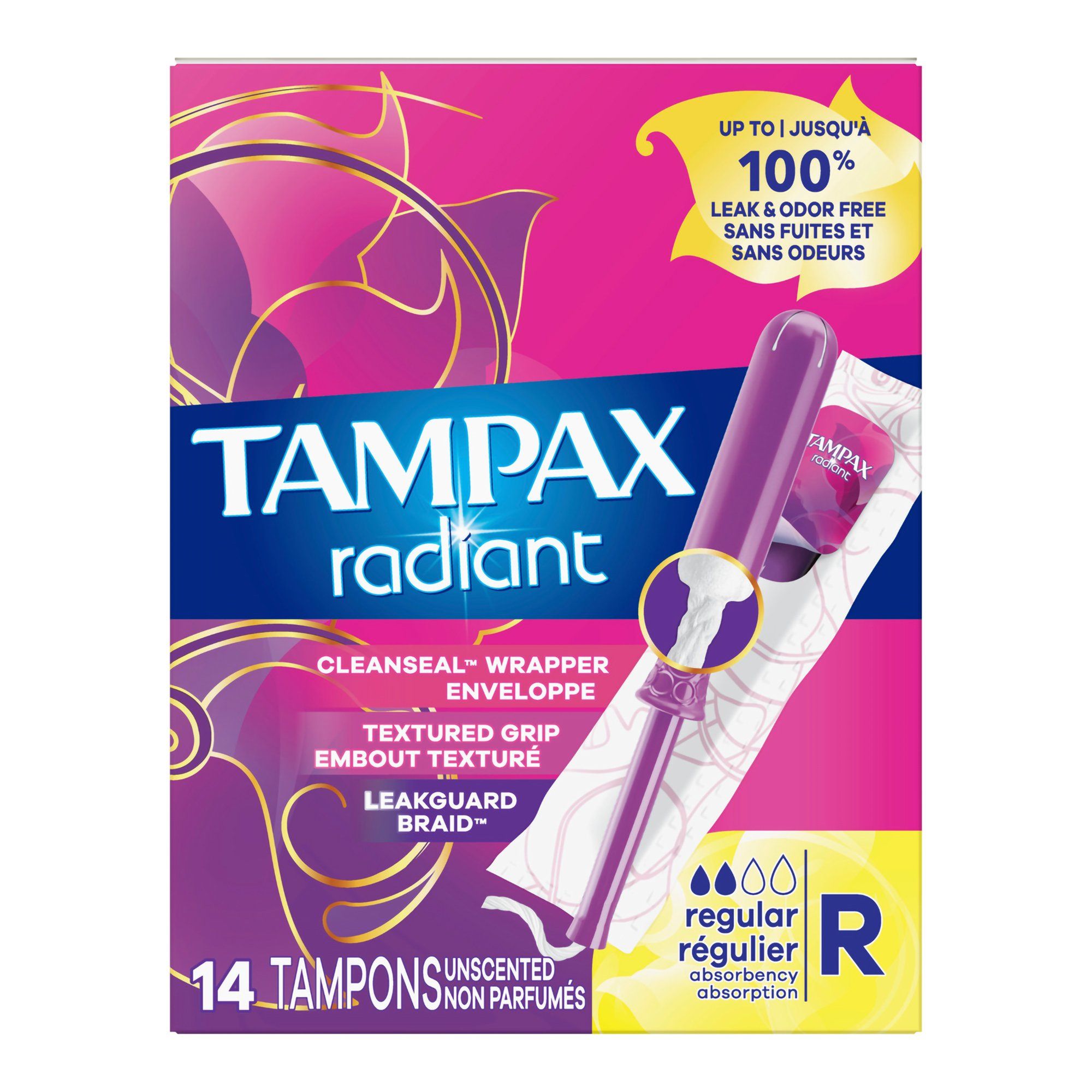 Tampax Radiant Tampons with Leak Guard Braid, Regular Absorbency ...