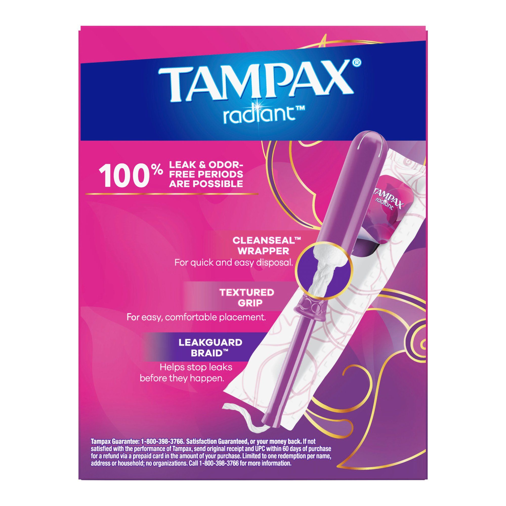 Tampax Radiant Tampons with Leak Guard Braid, Regular Absorbency ...