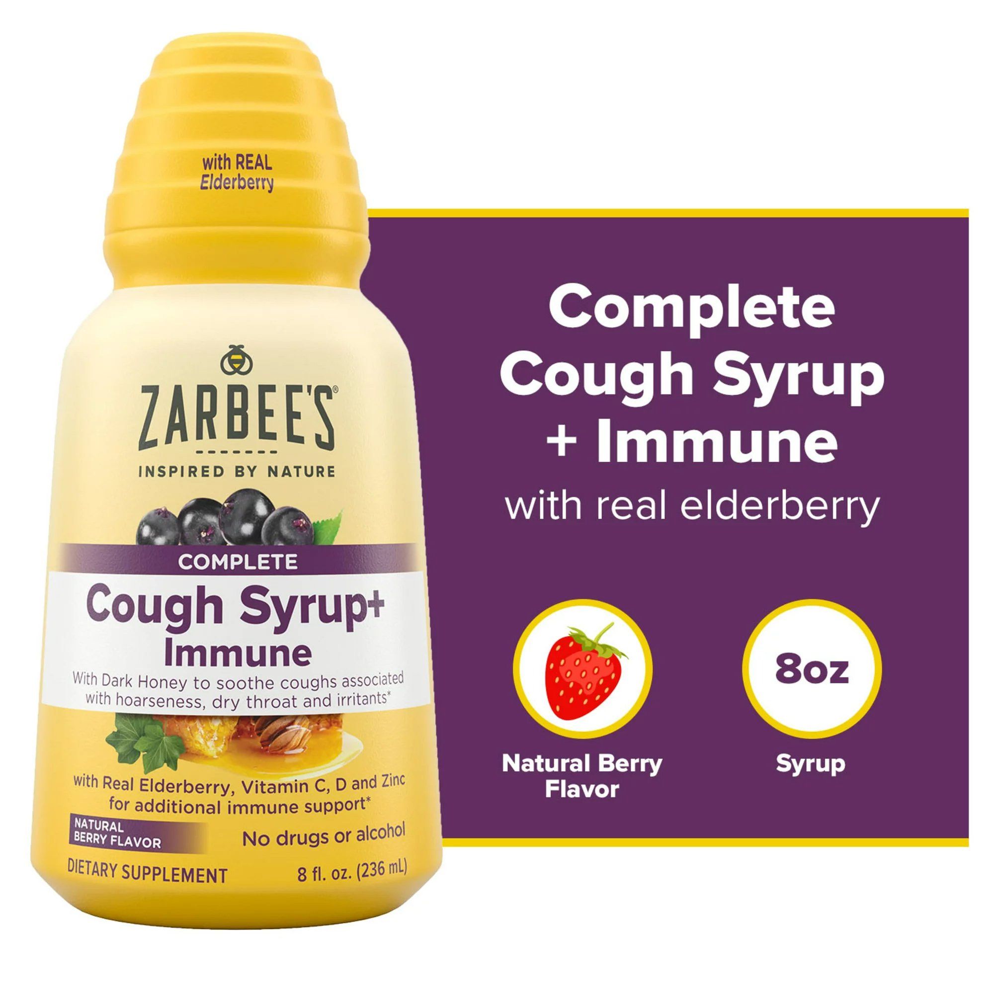 Zarbee's Complete Cough Syrup + Immune with Honey, Natural Berry Flavor ...
