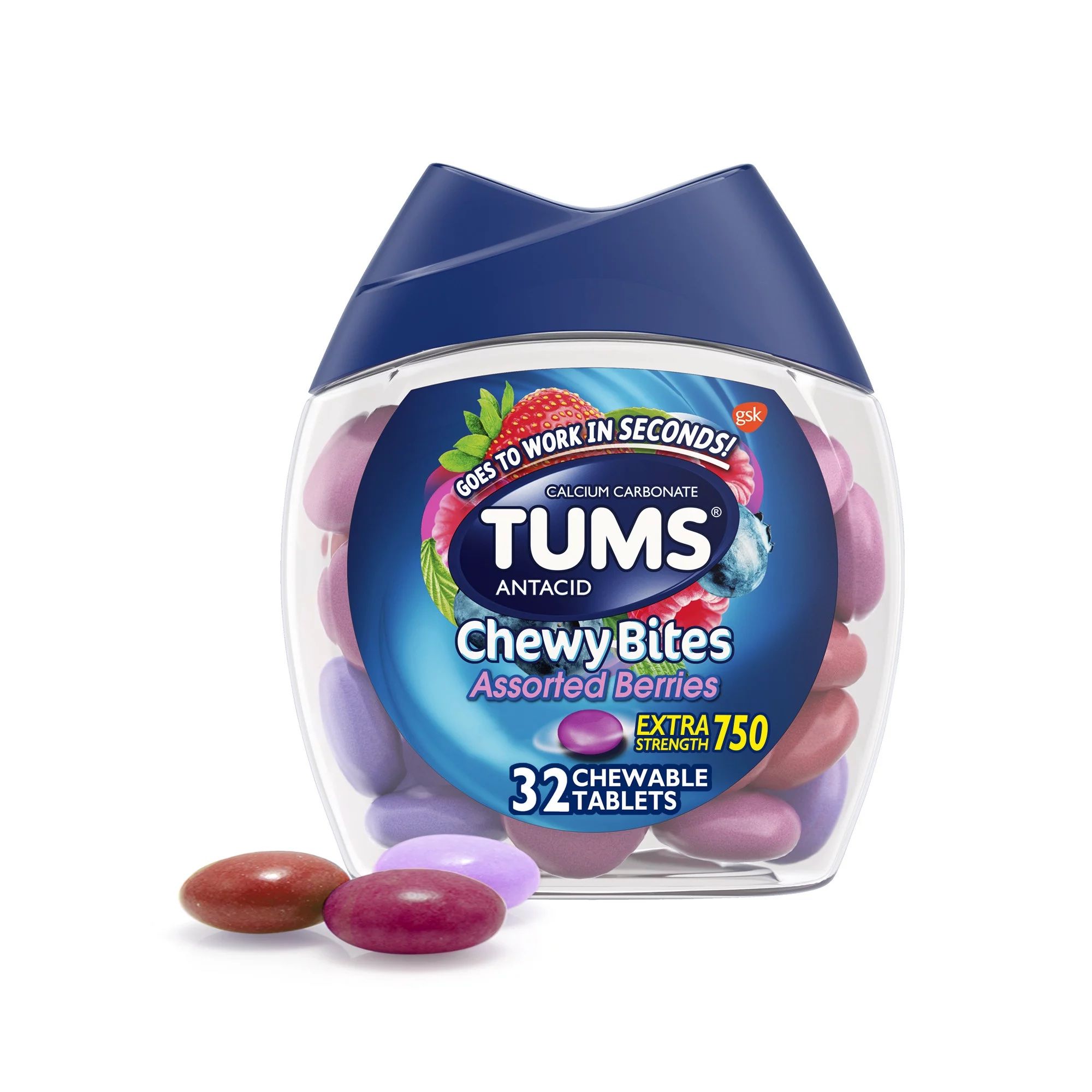 Tums Extra Strength Antacid Chewy Bites, 750 mg, Berry - 32 ct