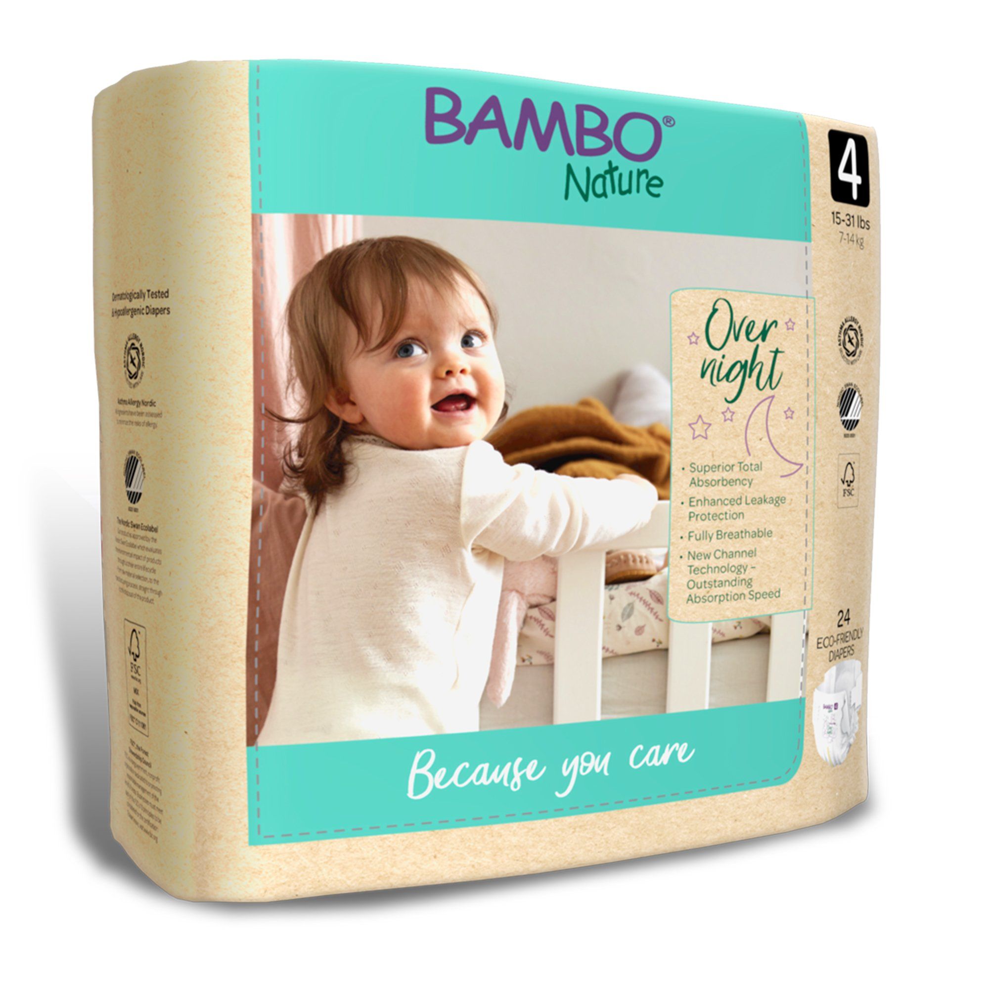 Bambo Nature Overnight Diapers, Size 4, 15-31 lbs - 24 ct