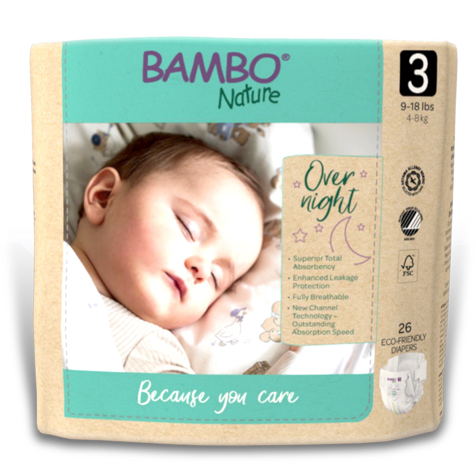 Bambo Nature Overnight Diapers, Size 3, 9-18 lbs - 26 ct