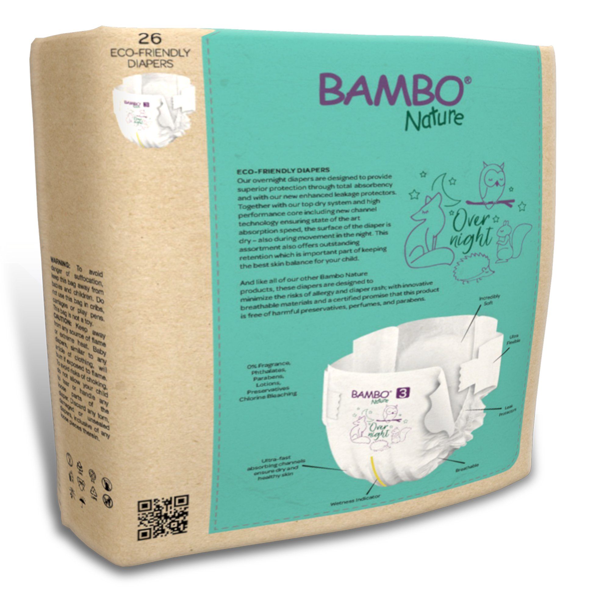 Bambo Nature Overnight Diapers, Size 3, 9-18 lbs - 26 ct
