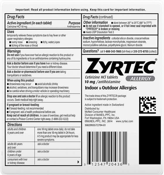 Zyrtec 24 Hour Allergy Relief Tablets, 10 mg - 60 ct