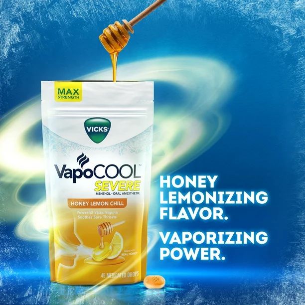 Vicks VapoCOOL Severe Medicated Lozenges, Honey Lemon Chill - 18 ct