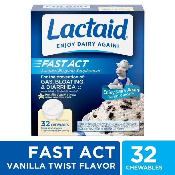 Lactaid Fast Act Lactase Enzyme Chewable Tablets, Vanilla Twist - 32 ct
