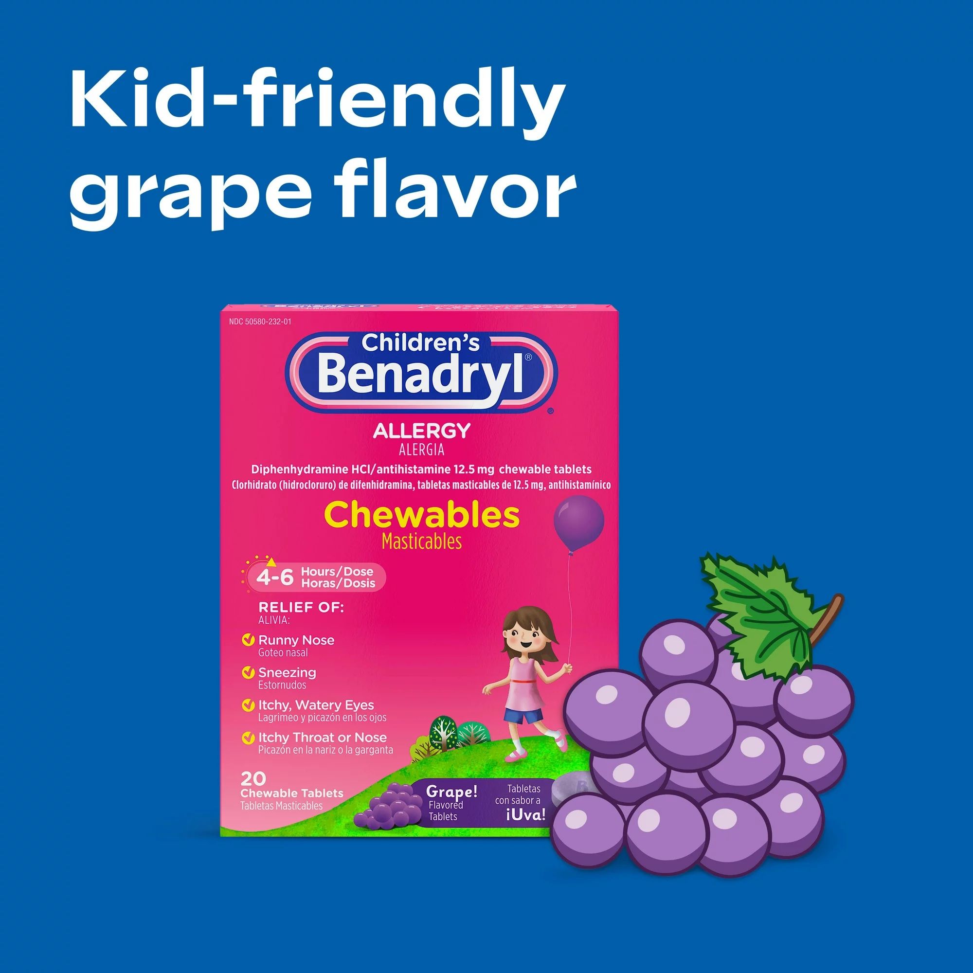 Children's Benadryl Allergy Relief Chewable Tablets, Grape - 20 ct