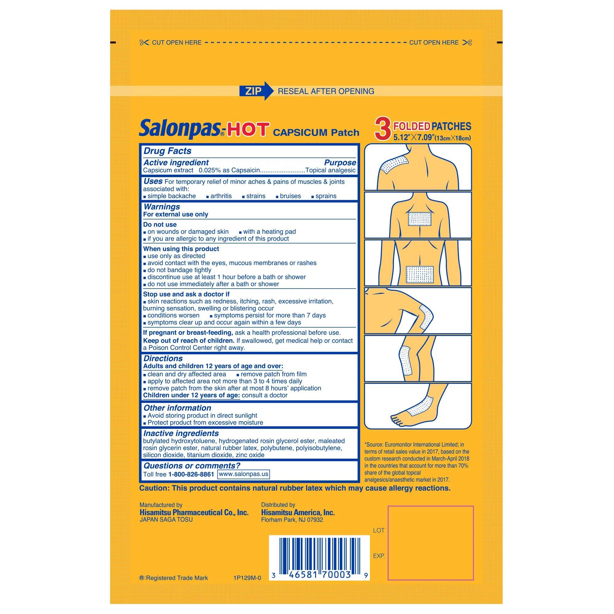 Salonpas Hot Capsicum Patch, Topical Analgesic, Large - 3 patches