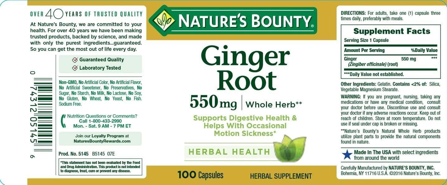 Nature's Bounty Ginger Root 550 mg Capsules - 100 ct