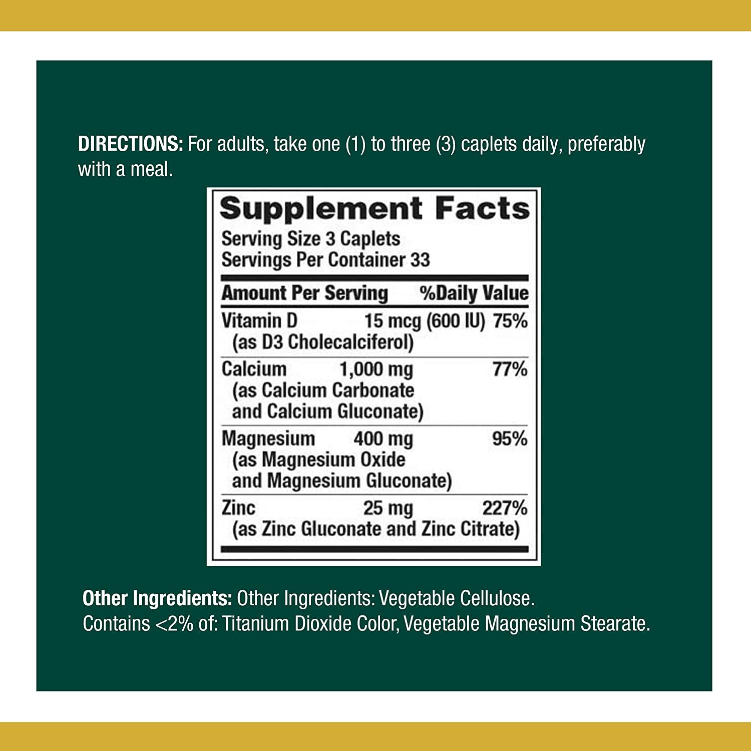 Nature's Bounty Calcium Magnesium Zinc Caplets - 100 ct