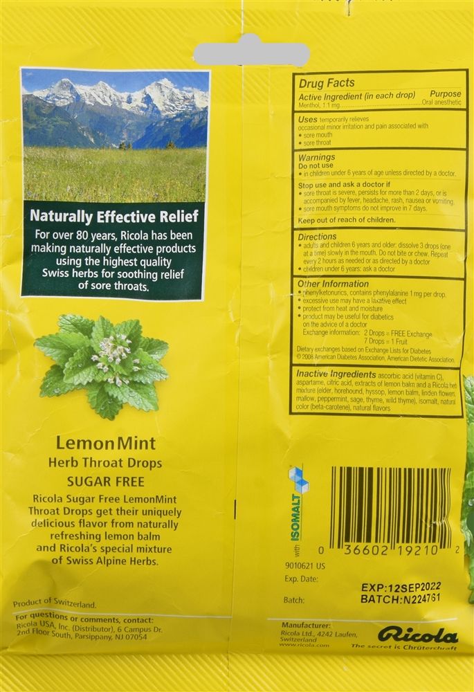 Ricola Herb Throat Drops Sugar Free, Lemon Mint - 19 ct