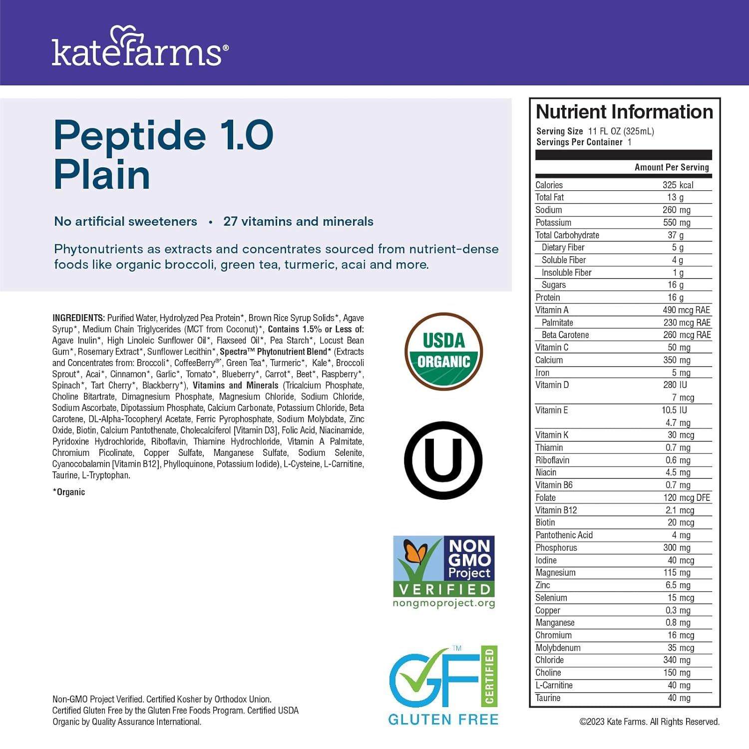 Kate Farms® Peptide 1.0, Plain, 11 fl oz- 12ct
